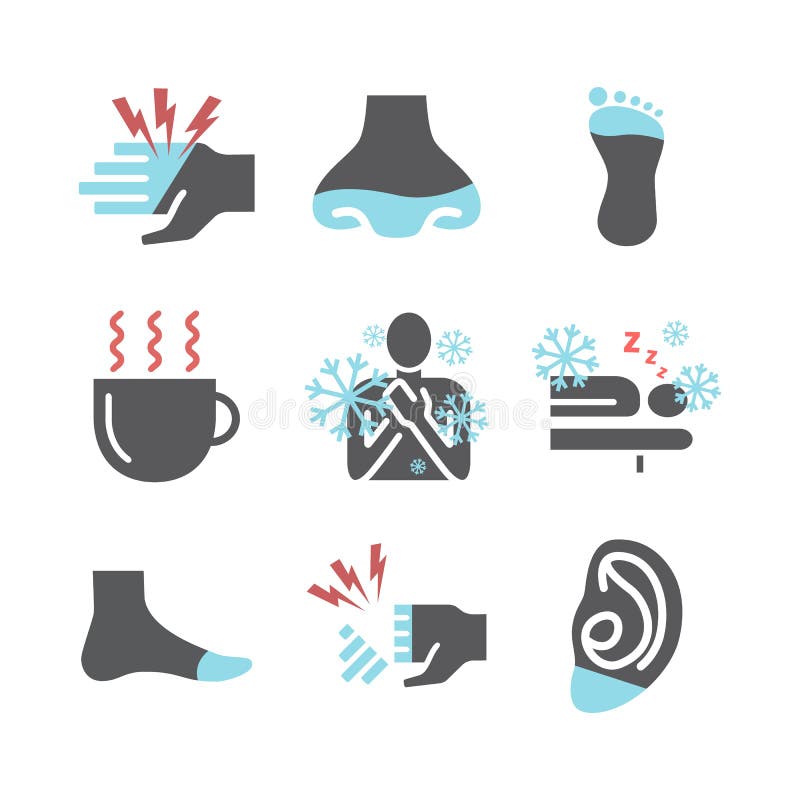 Frostbite. Symptoms, Icons Set. Vector Signs for Web Graphics. Stock ...
