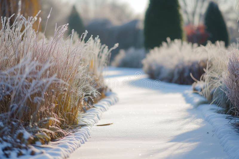 Frostcovered Path with a Fuzzy Winter Garden Scene Stock Photo - Image ...