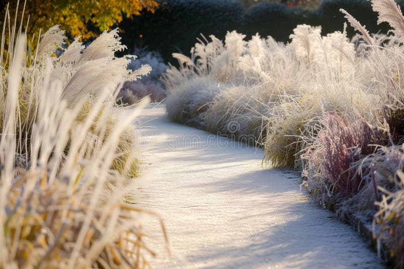 Frostcovered Path with a Fuzzy Winter Garden Scene Stock Image - Image ...