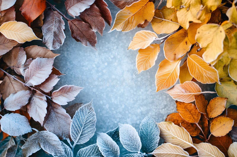 Frosted Autumn Leaves Forming a Frame on a Soft Blue Background with ...