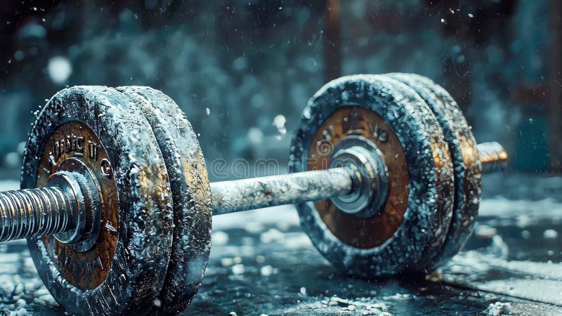 A Frosted Barbell with Chalk Dust in a Cold Environment, Symbolizing ...