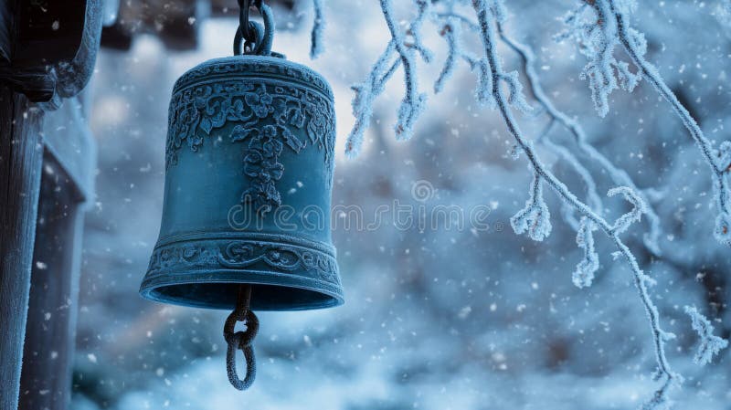 Frosted Bell Hanging in a Snowy Winter Landscape Stock Illustration - Illustration of chain ...