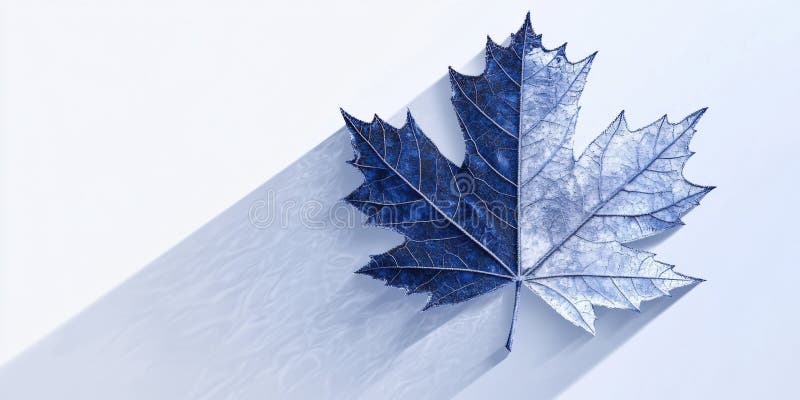 Frosted Blue Maple Leaf Casting a Long Shadow on Smooth White Surface ...