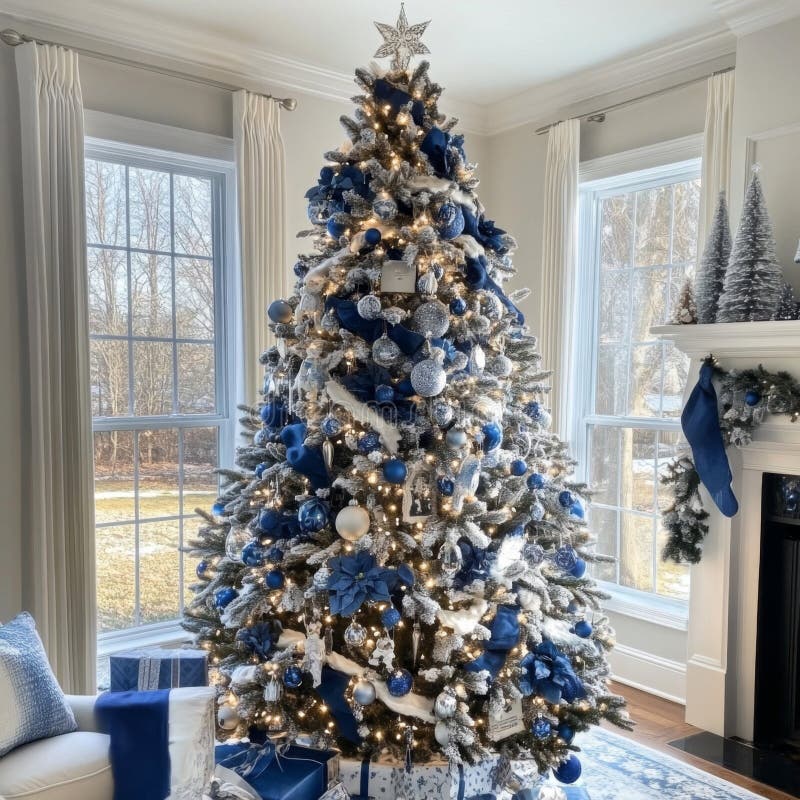 Frosted Blue and Silver Christmas Tree Decorated with Ribbons and ...