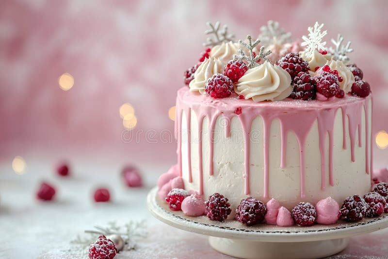 Frosted Cake Decorated with Raspberries and Winter Accents Generative ...