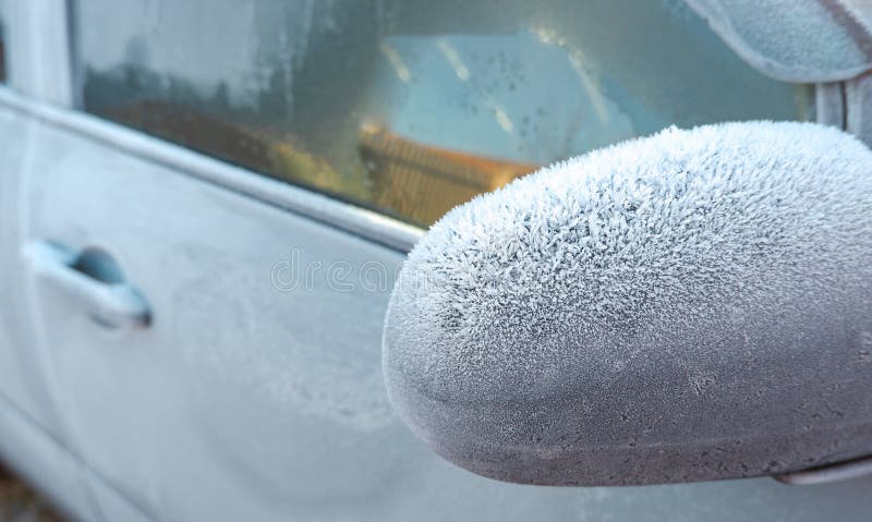 Frosted Car Mirror. Morning Frost by Car. Deep Autumn. Side Mirror and ...
