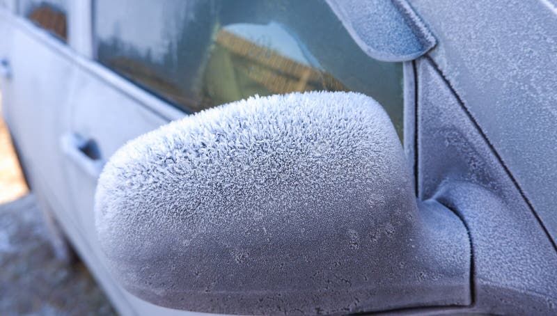 Frosted Car Mirror. Morning Frost by Car. Deep Autumn. Side Mirror and ...
