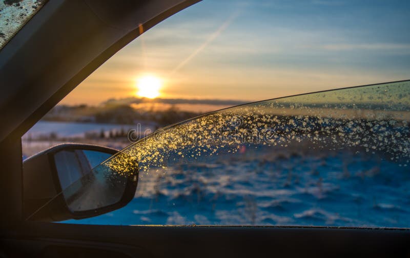 Frosted Car Window with Winter Sunrise View Stock Image - Image of ...