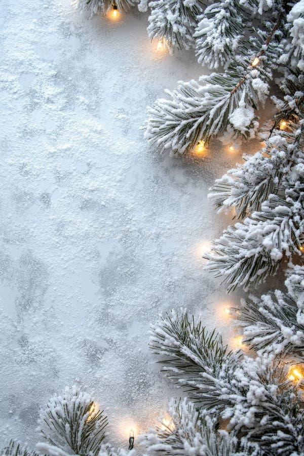 Frosted Christmas Tree Branches with Warm Lights on a Textured Gray ...