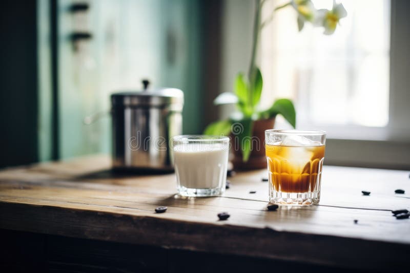 Frosted Cold Brew Glass and Hot Espresso on Vintage Table Stock Photo ...