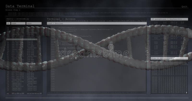 Frosted 3D DNA Helix Floating Across Interface, Showing Credentials, Code Editor, Encryption ...