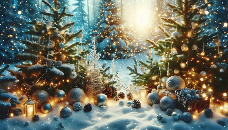 Frosted Forest Magic Under Magical Snowfall with Glittering Garlands ...