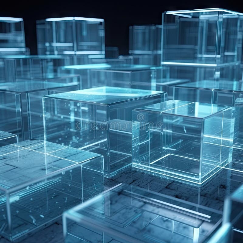 Frosted Glass Blocks on Blue Surface: Futuristic Tech Concept for Web ...