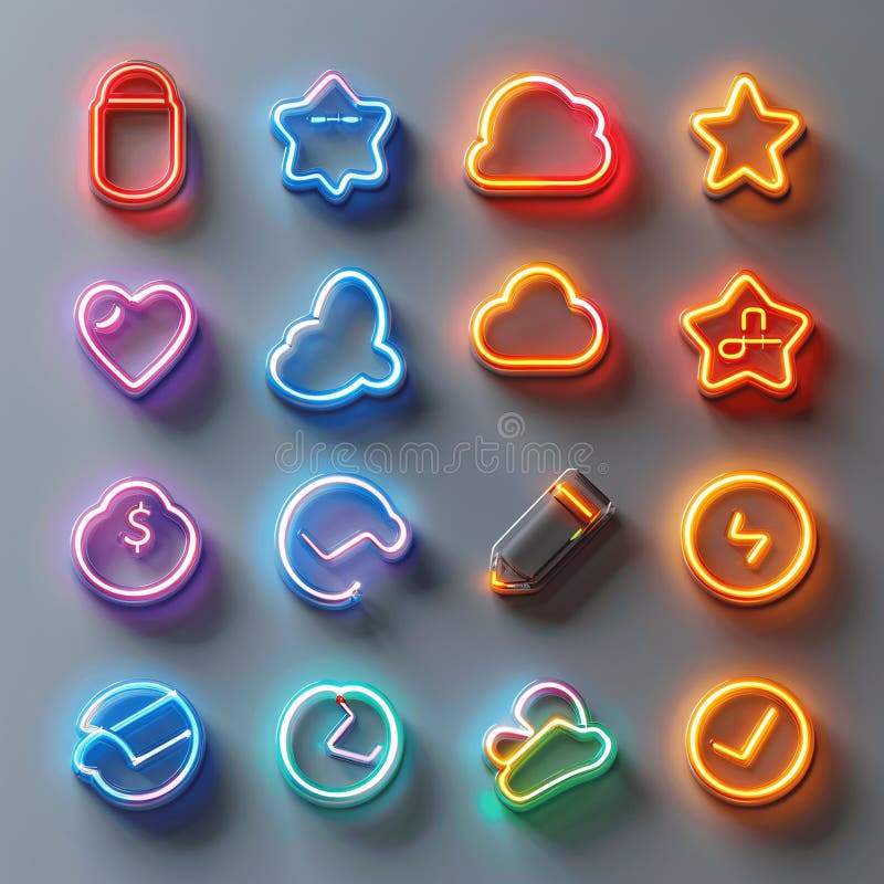Frosted Glass Icon Set: Community in Neon Light. Stock Illustration ...