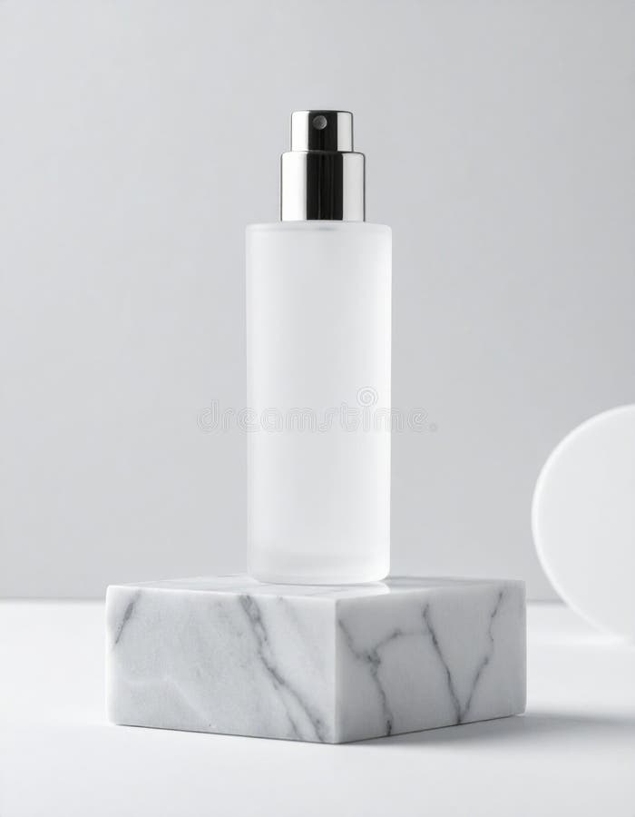 Frosted Glass Perfume Bottle with Silver Cap Displayed on Marble Cube ...