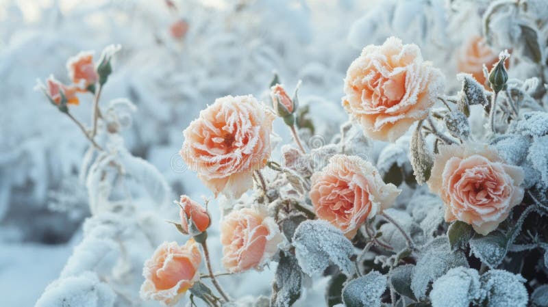 Frosted Peach Roses in a Wintery Garden Stock Illustration ...