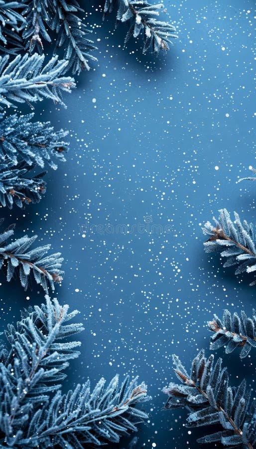 Frosted Pine Branches Create a Festive Border on Blue Background ...