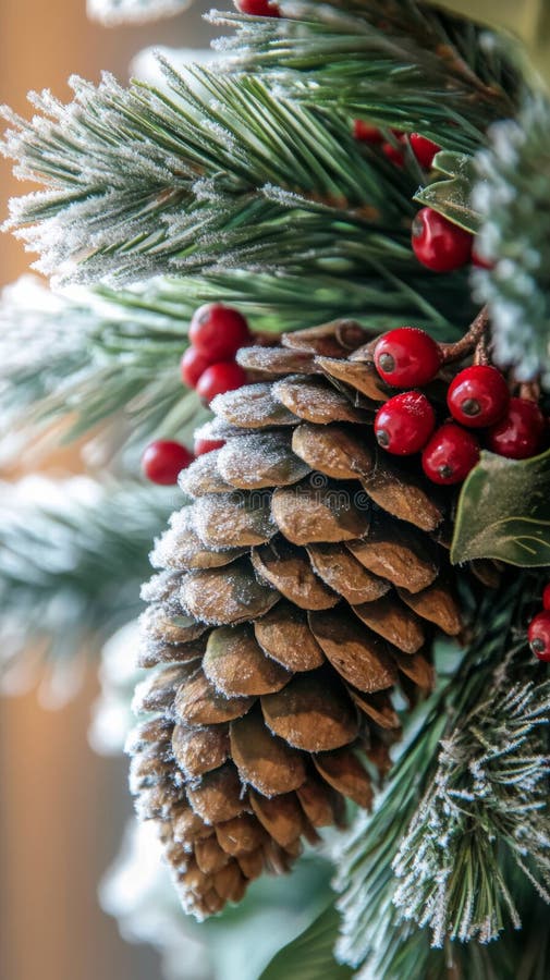 Frosted Pine Cone with Red Berries Close-up, Winter Nature Decoration ...