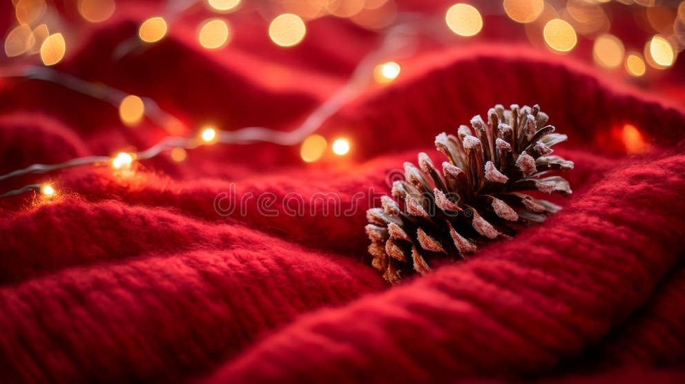 Frosted Pine Cone on Red Fuzzy Fabric with String Lights Stock ...
