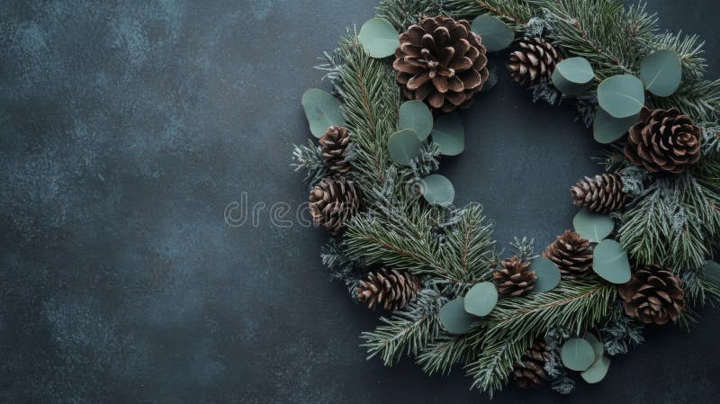 Frosted Pine and Eucalyptus Wreath on Dark Background Stock Illustration - Illustration of ...