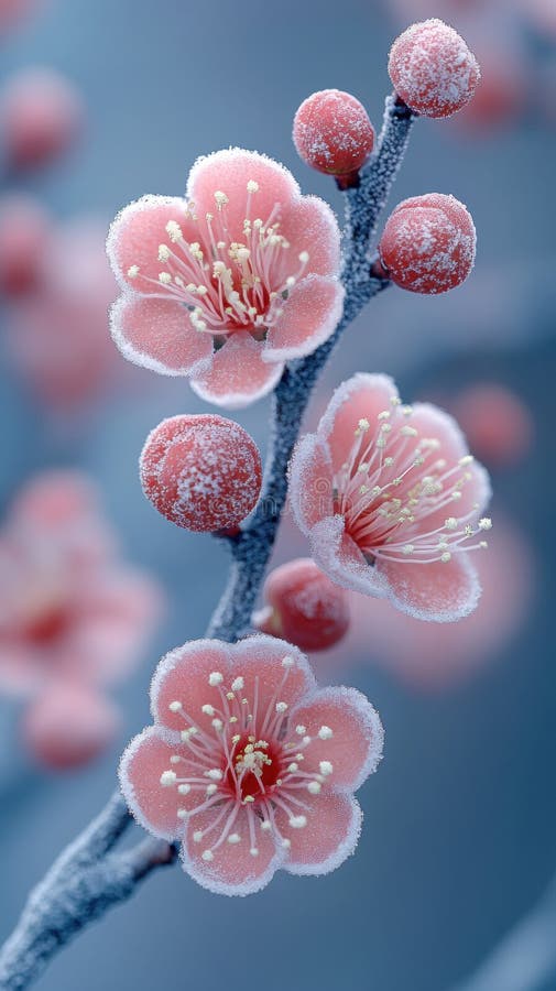 Frosted Pink Plum Blossoms on Branch with Delicate Details and Soft ...