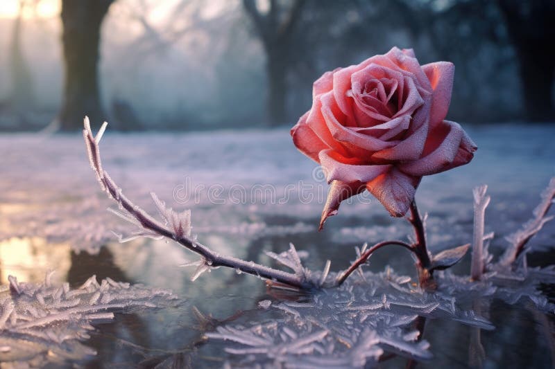A Frosted Rose on Top of a Frozen Puddle, Under a Tree Stock ...