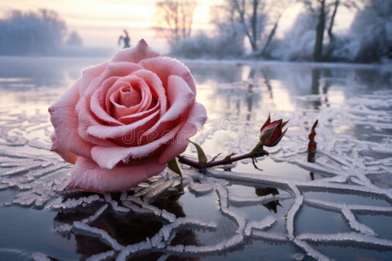 A Frosted Rose on Top of a Frozen Puddle, Under a Tree Stock Image ...