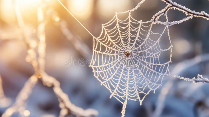 A Frosted Spider Web Delicately Hangs between Branches, Shimmering in ...
