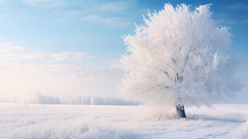 Frosted Tree in a Snowy Landscape at Dawn Stock Illustration ...