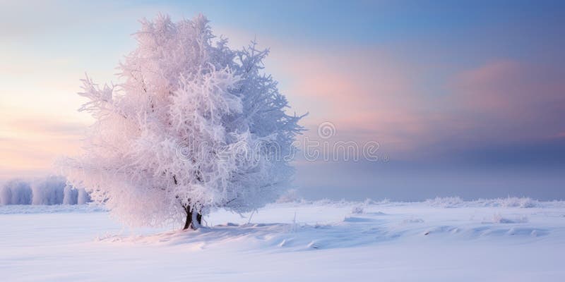 Frosted Tree in a Snowy Landscape at Dawn Stock Illustration ...