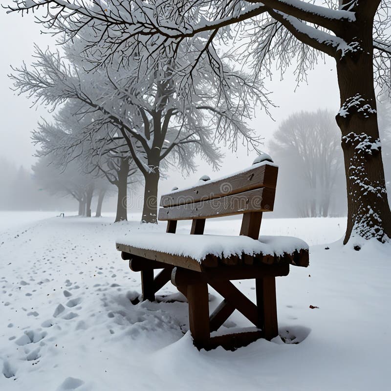 Winter Trees and Bench in Fog Stock Illustration - Illustration of twig ...