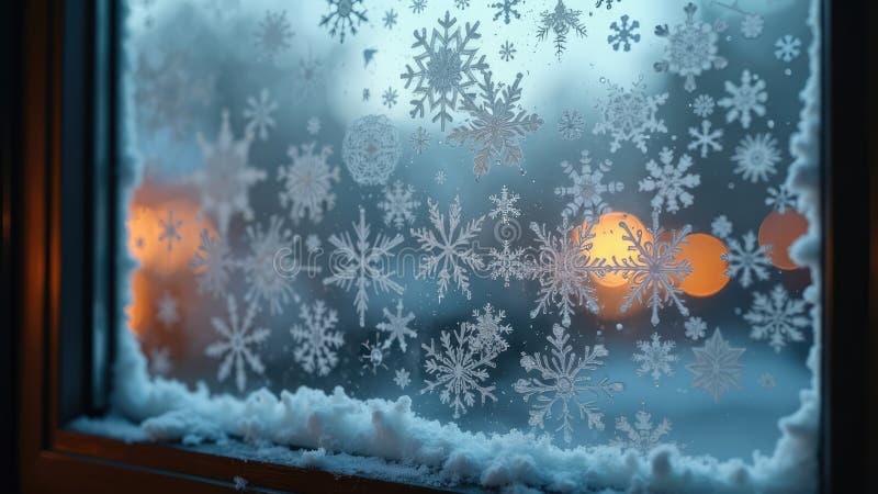 Frosted Window Adorned with Delicate Snowflake Patterns and Warm ...