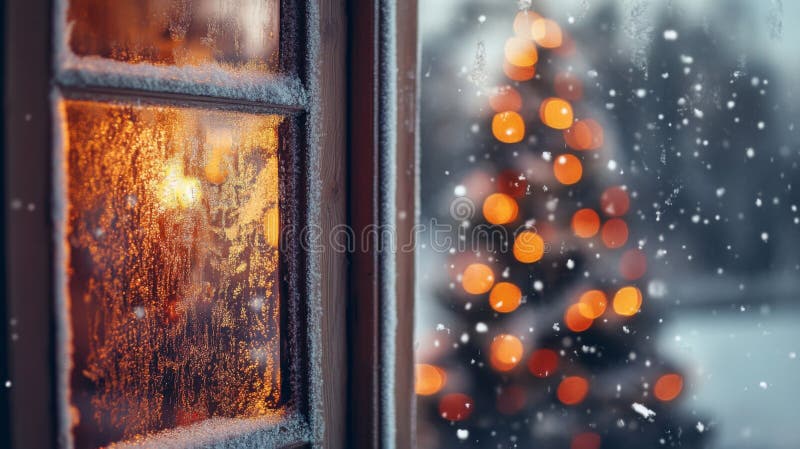 Frosted Window with Blurry Christmas Lights and Snow Stock Illustration ...