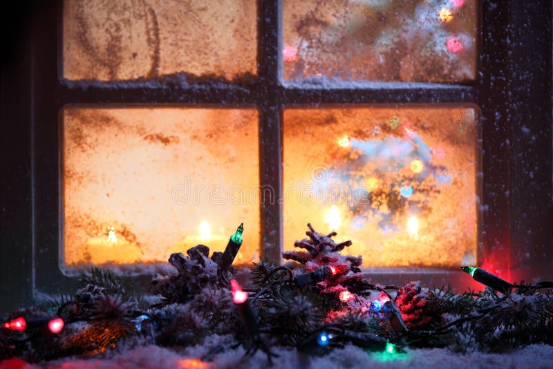 Frosted Window with Christmas Decoration Stock Image - Image of ...