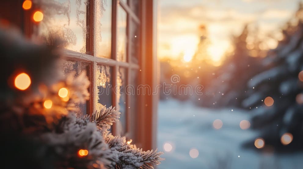 A Frosted Window Frame with a Wintery View and Golden Lights Stock ...