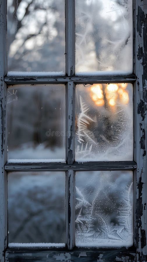 Frosted Window Framing a Chilly Winter Sunset in a Serene Landscape ...