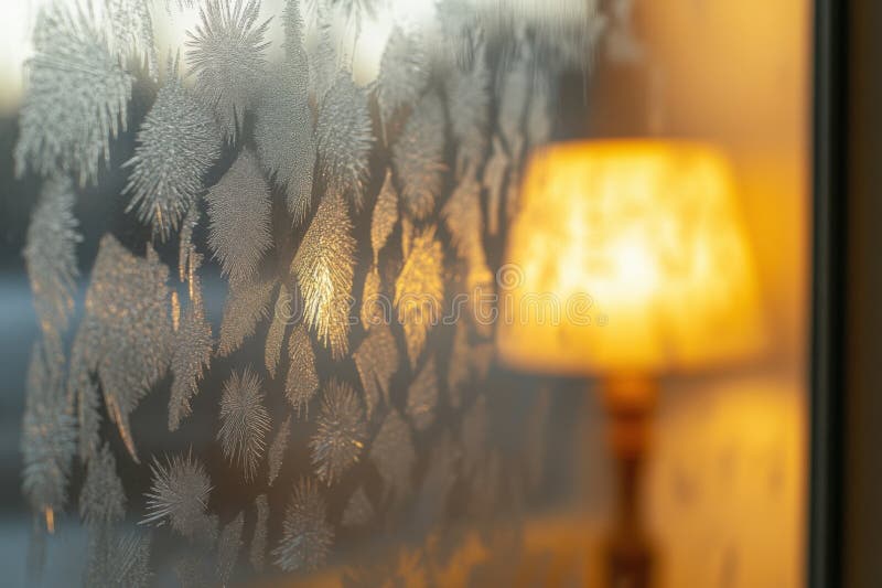 Frosted Window with Intricate Patterns Illuminated by a Warm Lamp in a ...