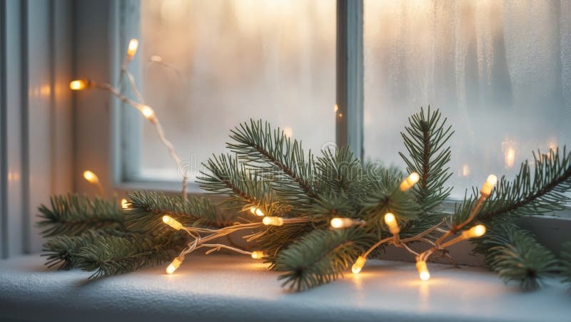 Frosted Window with Pine Branches and Golden Holiday Lights Stock Photo ...