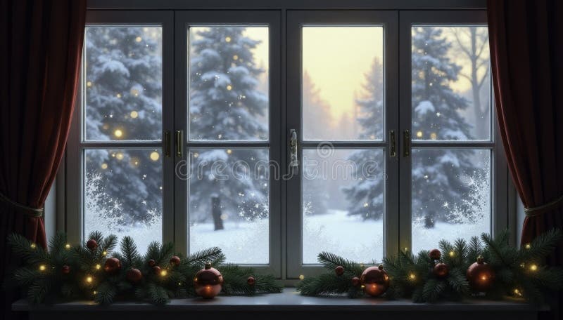 Frosted Windows with Festive Decorations and Evergreen Branches ...