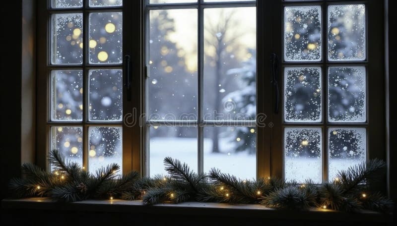 Frosted Windows with Festive Decorations and Evergreen Branches, Scene ...