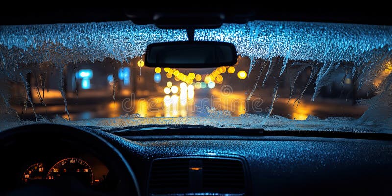 Frosted Windshield View from Inside Car at Night, with Glowing Lights ...