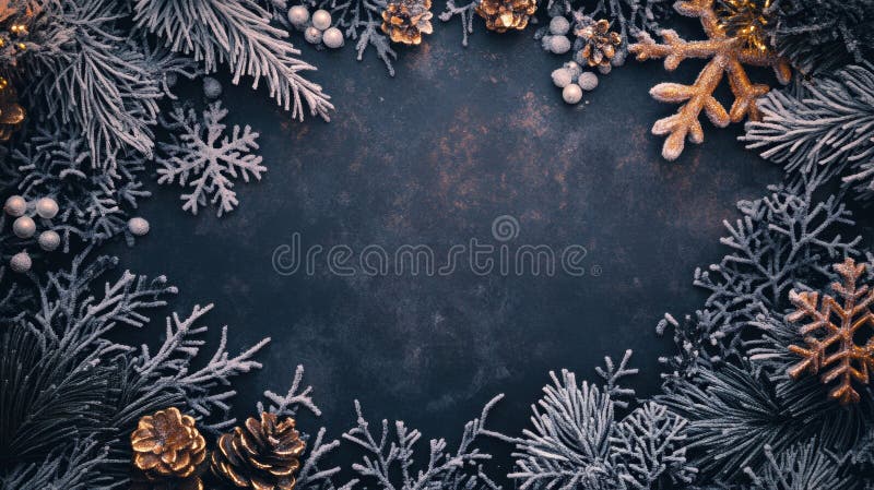 Frosted Winter Scene with Pine Needles Cones and Snowflakes Stock ...