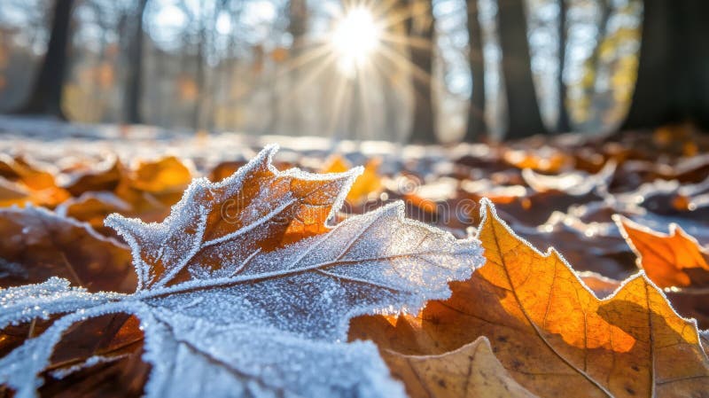 Frosty Autumn Leaves in Sunlit Forest Morning Stock Photo - Image of ...