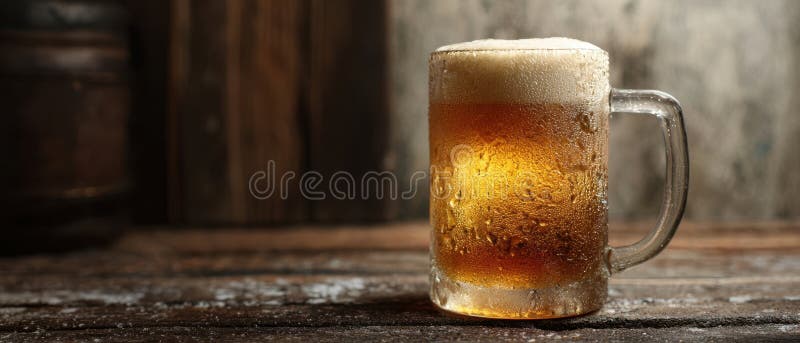 Frosty Beer Mug with Shamrock Design and Foam on Rustic Wooden Table ...