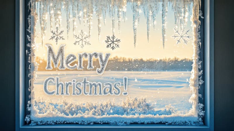 Frosty Christmas Window with Snowflakes and Icicles Stock Image - Image ...