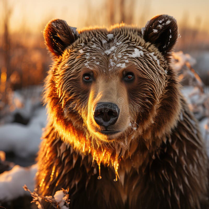 Frosty Dawn Bear Stare. AI Generation Stock Image - Image of golden ...