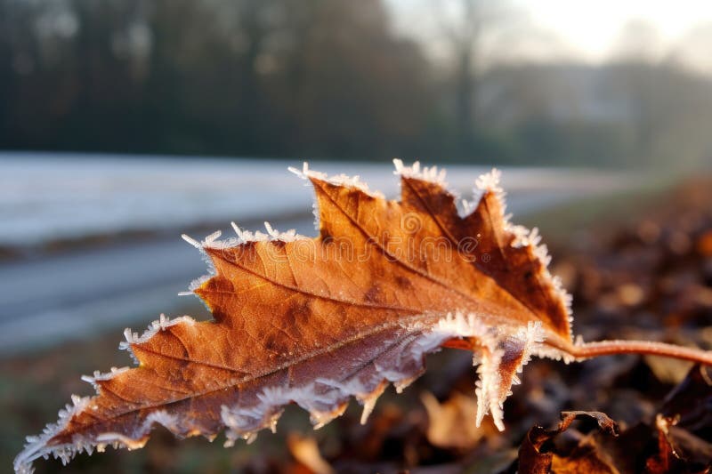 Frosty Edge of a Leaf Against Blurred Winter Background Stock ...