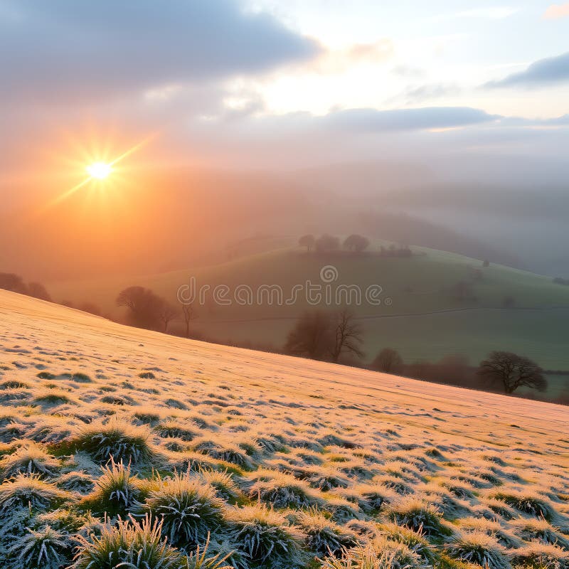 Frosty English Countryside with Sunrise Stock Illustration ...