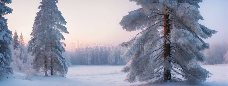 Snow-covered Pine Trees in a Frosty Evening Landscape during Winter ...