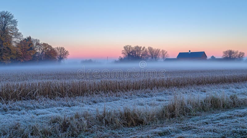Frosty Field with Foggy Barn at Sunrise Stock Photo - Image of cold ...